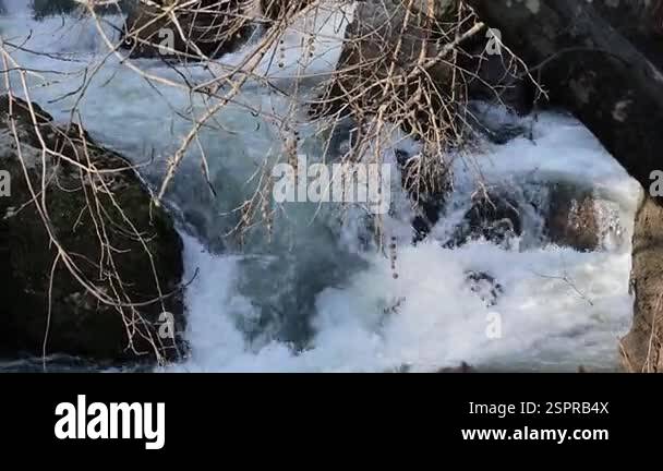 A powerful river surging with intensity, creating white foam as it ...