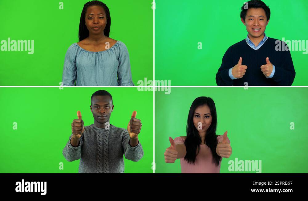 4K compilation (montage) - four people smile and show thumbs up to the ...