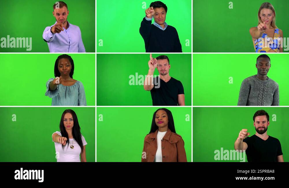 4K compilation (montage) - group of nine people point at the camera and ...