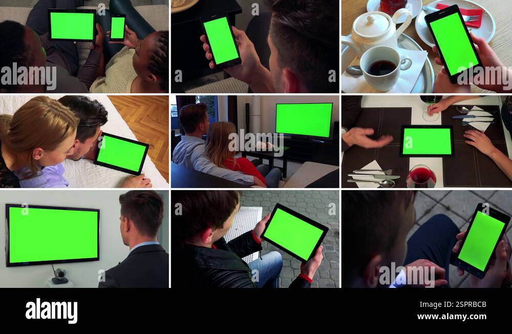 4K compilation (montage) - group of people look at devices with green ...