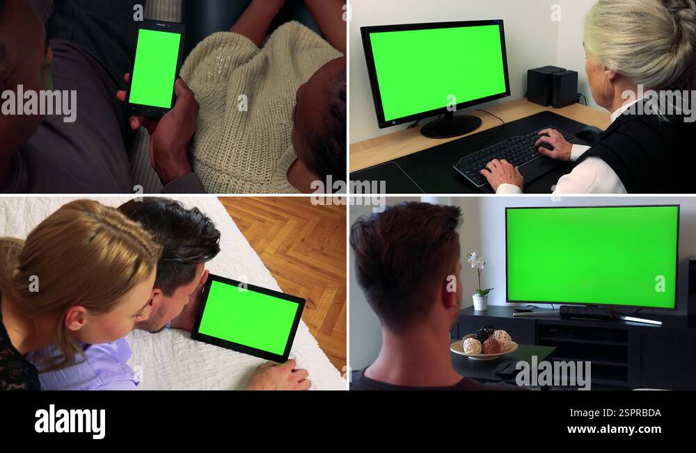 4K compilation (montage) - group of people look at devices with green ...