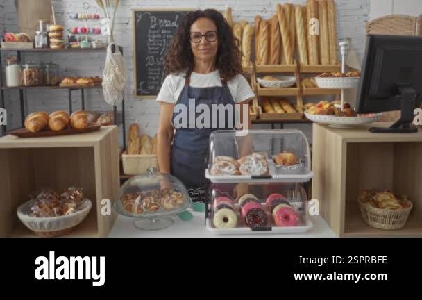 Hispanic woman in a bakery wearing an apron standing near shelves ...