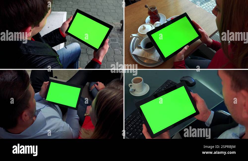4K compilation (montage) - group of people look at tablets with green ...
