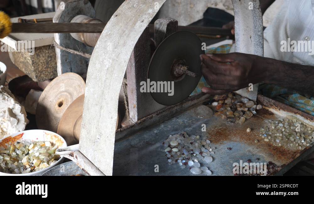 Male Hands Cutting And Polish A Gemstone In Ancient Way On Gem Fabric ...