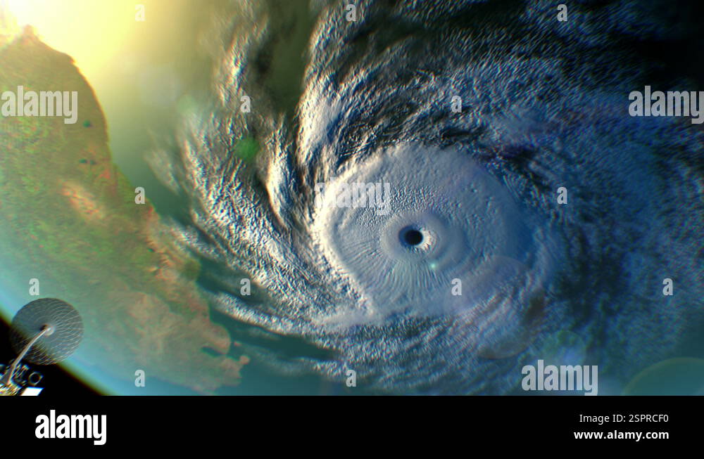 Hurricane on background, fictional weather satellite flies past, 3d ...
