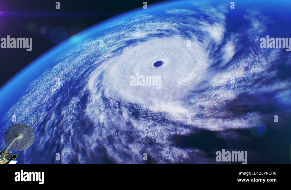 Sea cyclone on background, fictional weather satellite flies past, 3d ...