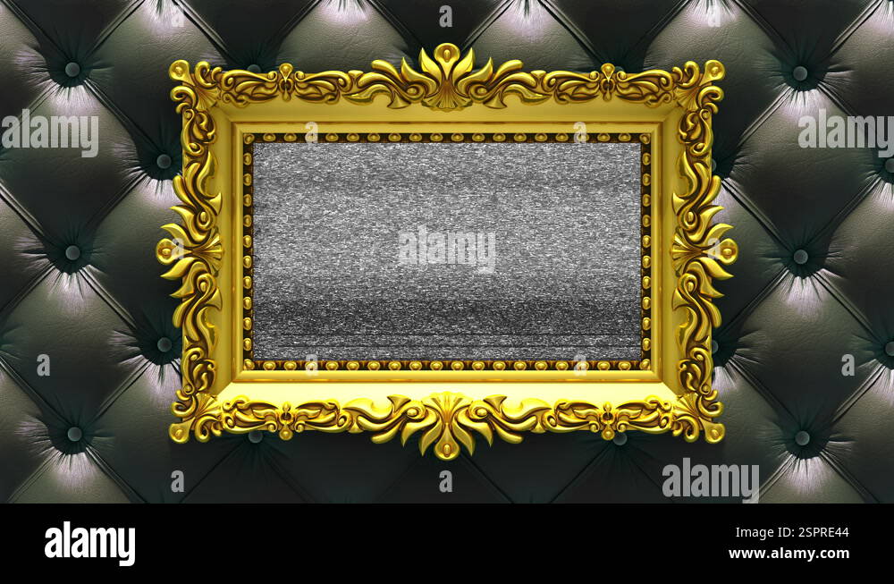 Tv noise on the screen in gold picture frame on black upholstery ...