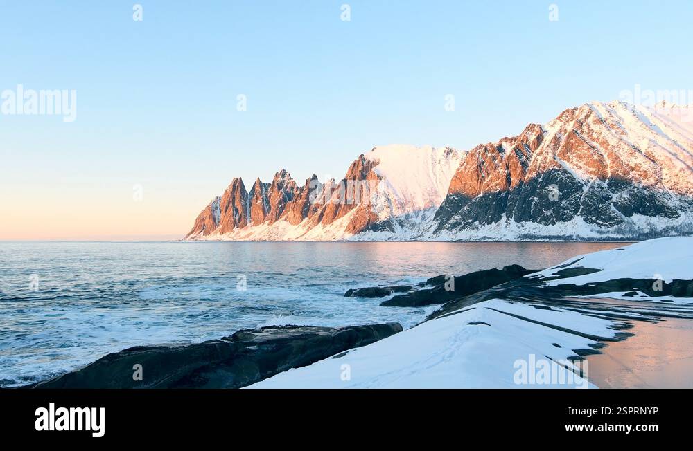 Sunset over the Okshornan mountain range at the island of Senja in ...