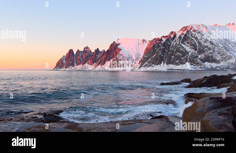 Sunset over the Okshornan mountain range at the island of Senja in ...