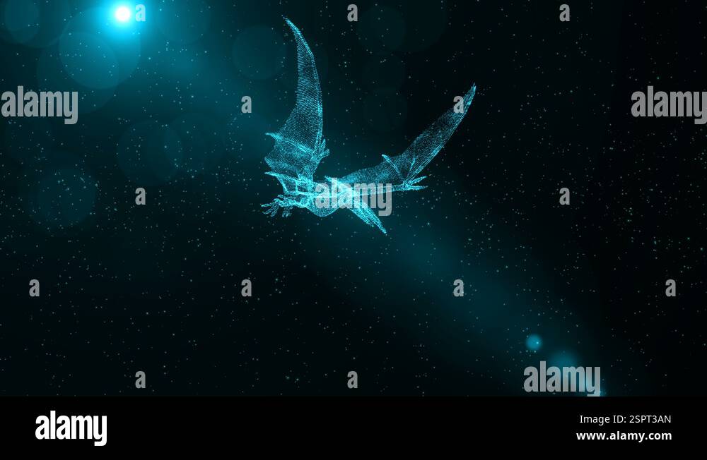 Pterodactyl, prehistoric extinct bird flying through particles, fantasy ...