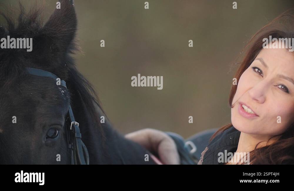 Beautiful rider young woman and her black horse at snowy forest Stock ...