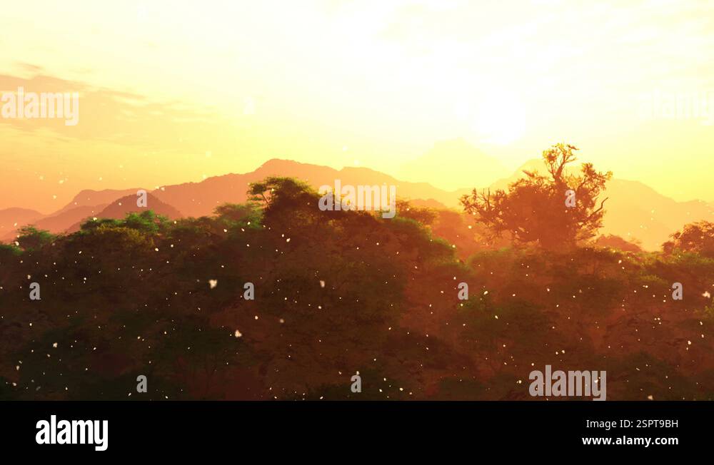 Beautfiul Sunset with Fire Flies over Lush Jungle 3D Animation Stock ...