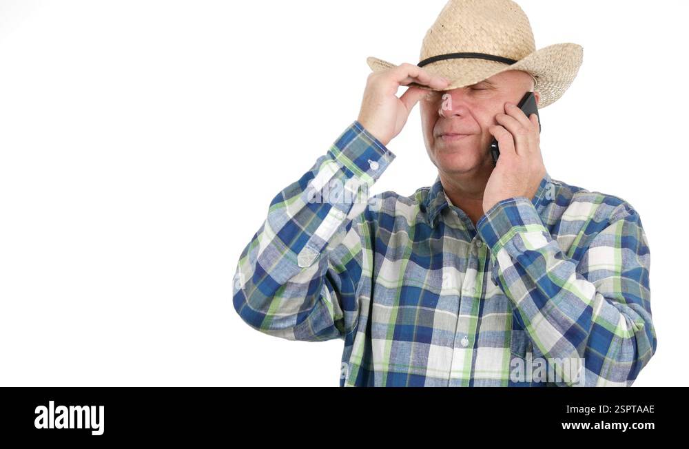 Farmer Talking to Mobile About Disappointing Bad News Make Nervous Hand ...