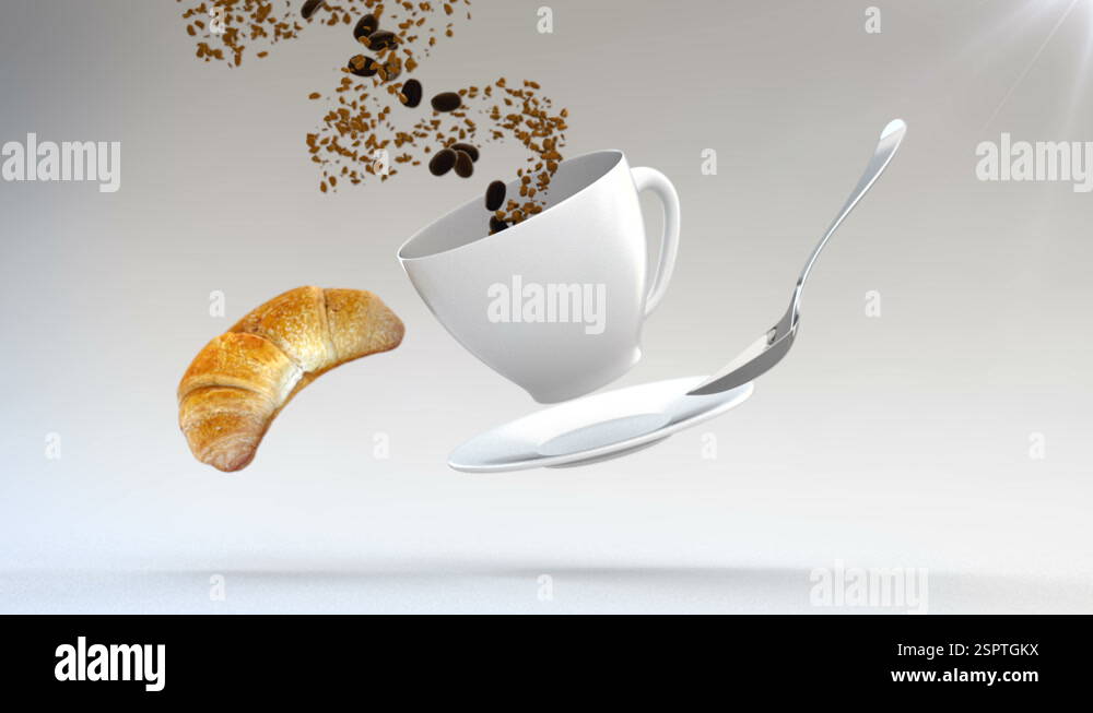3D CGI footage of flying croissant, spoon, plate and coffe cup. Cup ...
