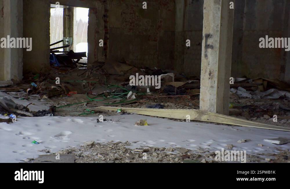 Gloomy interior inside an abandoned dilapidated building Stock Video ...