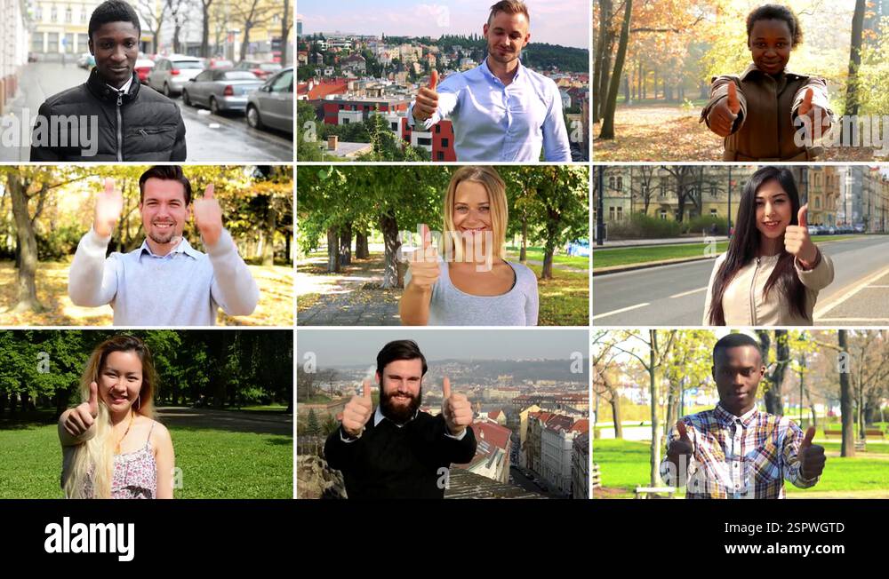 4K compilation (montage) - group of nine people smile and show double ...