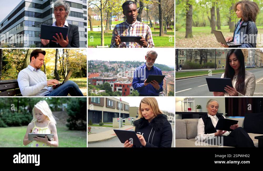 4K compilation (montage) - group of nine people work on tablets and ...