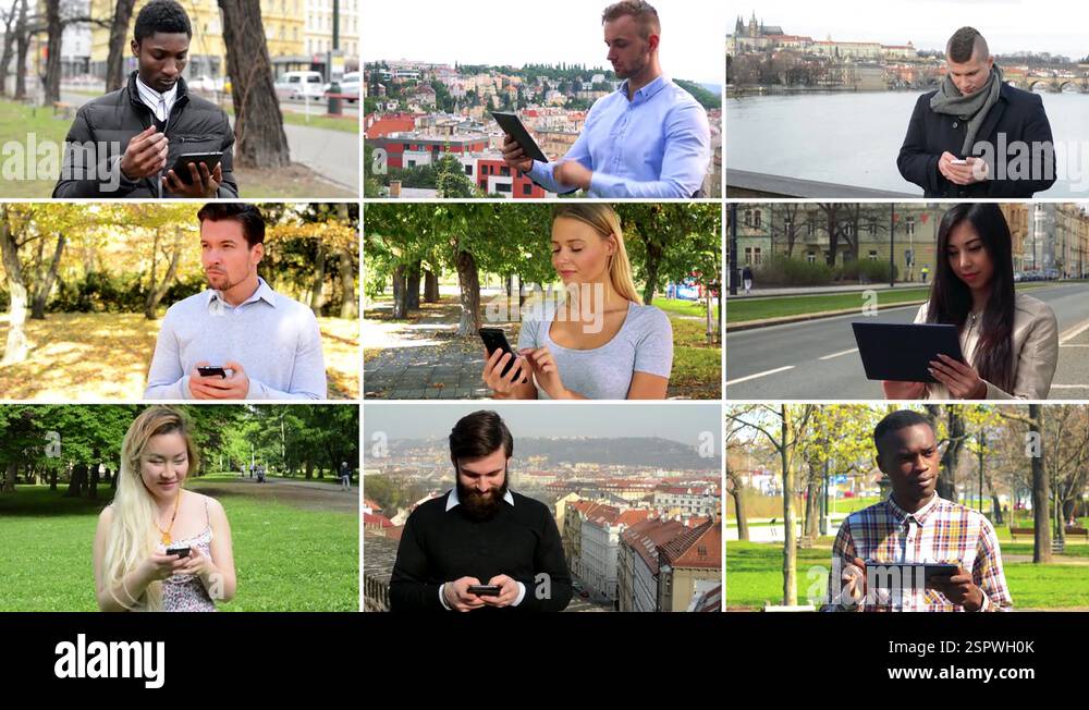 4K compilation (montage) - group of nine people work on devices in ...