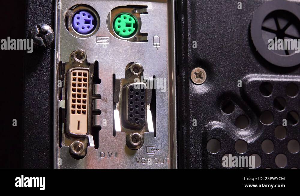 Closeup on the connectors on the rear of a desktop computer Stock Video ...