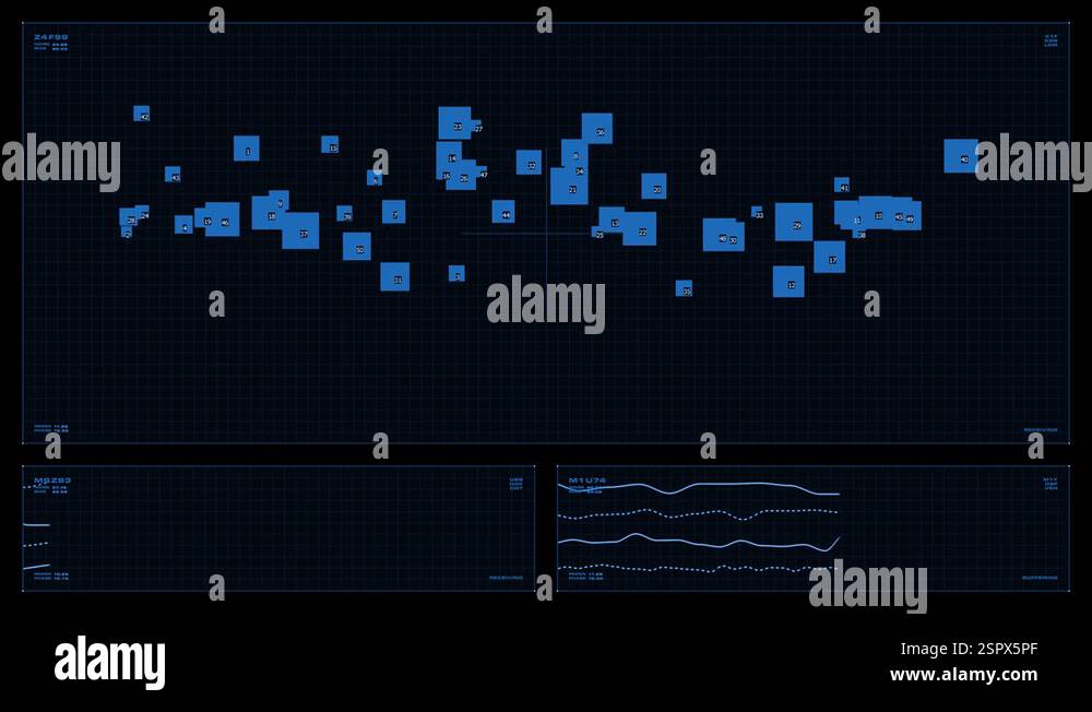 Monochromatic display: object movement/location tracking, graphs, readouts Stock Video Footage ...