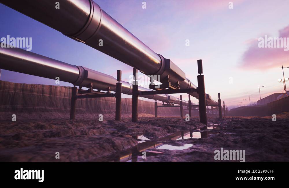 Two streams of pipeline running through the flooded excavation Stock ...