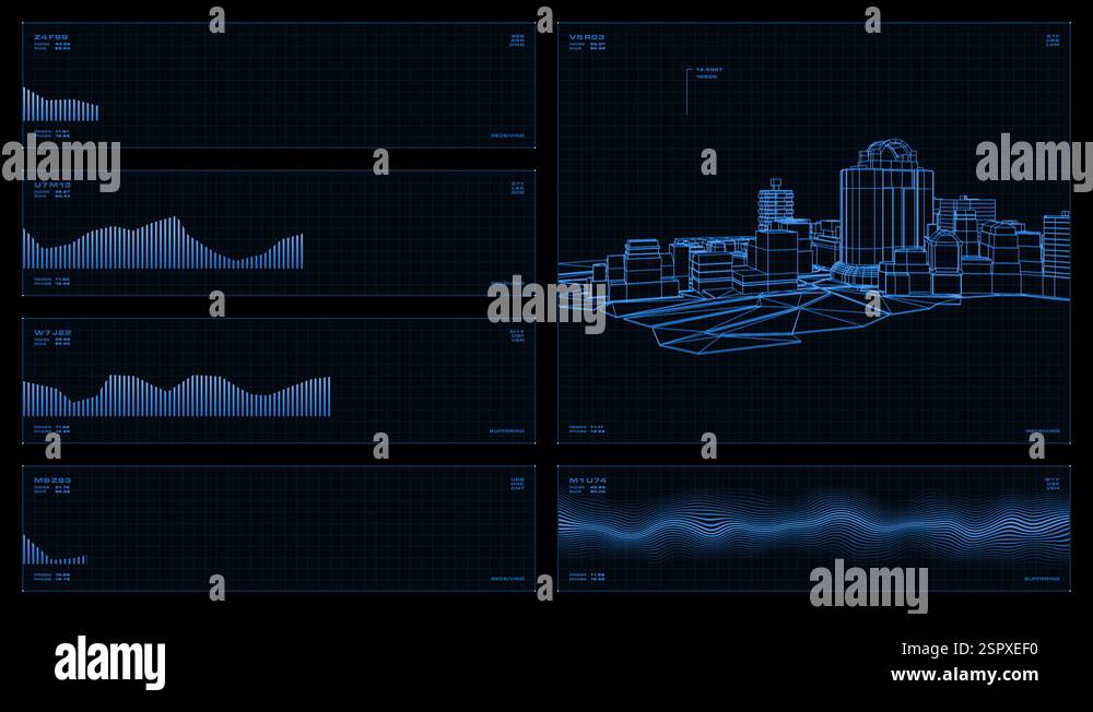 Monochromatic visual display: city wireframe, graphs, readouts ...