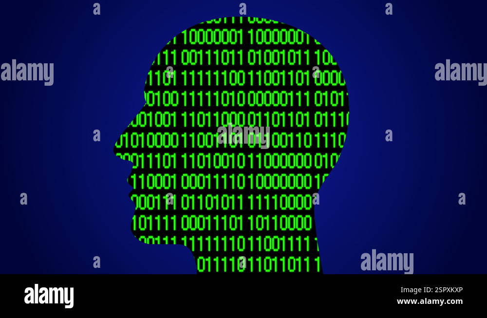 4k Brain head matrix style binary code,man thinking AI artificial ...
