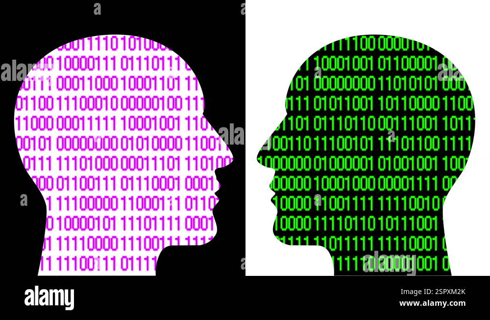 4k Brain head matrix style binary code,man thinking AI artificial ...