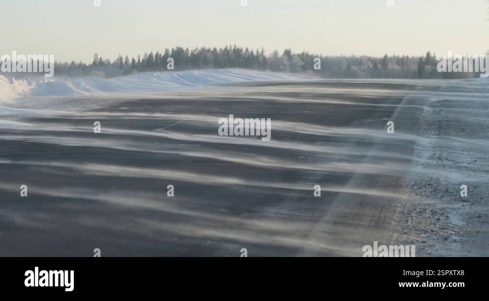 wind blowing snow on a country road. winter frosty day Stock Video ...