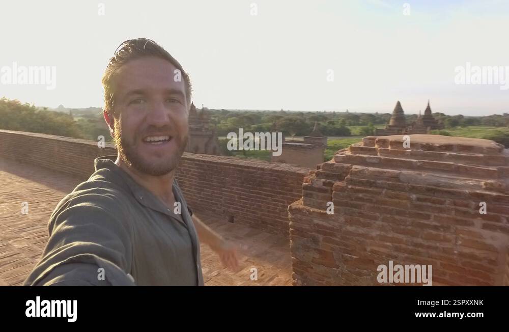 360 degree selfie, man takes a selfie point of view turning 360 degrees ...