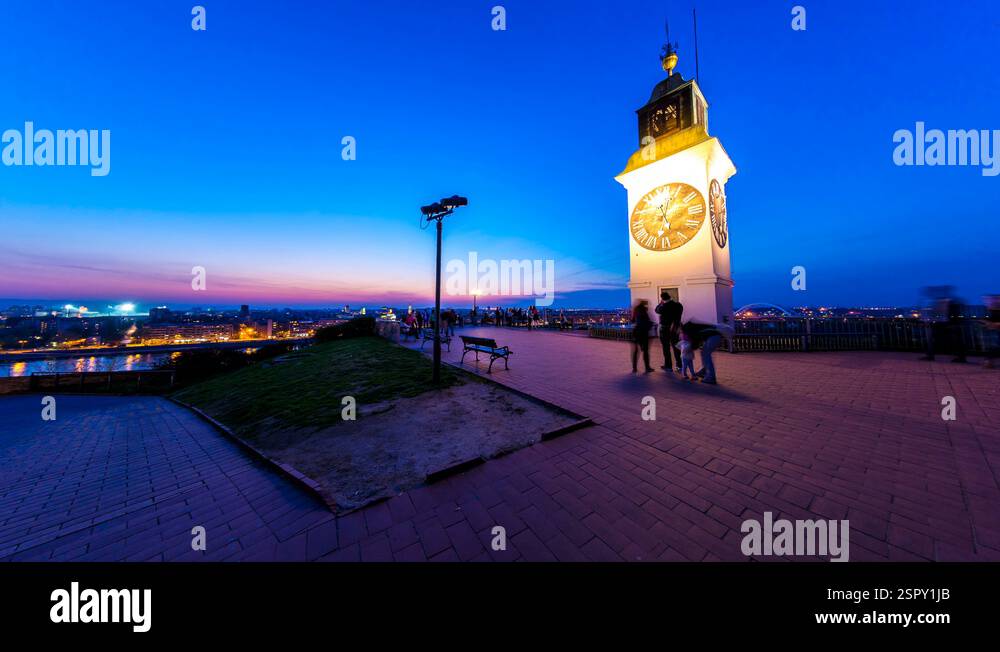 Time-lapse view on the Clock Tower in the Castle of Novi Sad in Serbia ...
