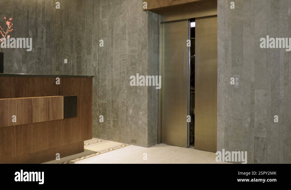 Couple arriving at hotel and going to reception from elevator to check ...