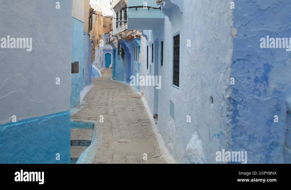 POV walking in blue town Chefchaouen Chaouen / Morocco, first point of ...