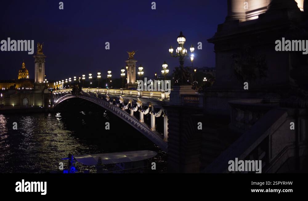 Light posts and sculptures on famous French bridge at night in Paris France Stock Video Footage ...