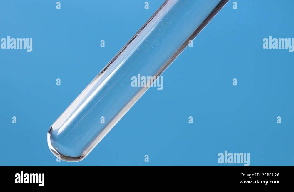 Glass test tube in laboratory with blue color ink inside. Close up ...