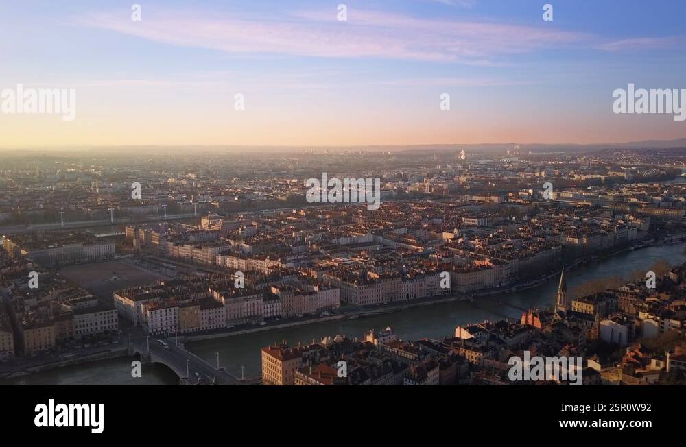 lyon aerial shot flight over city center at sunrise Stock Video Footage ...