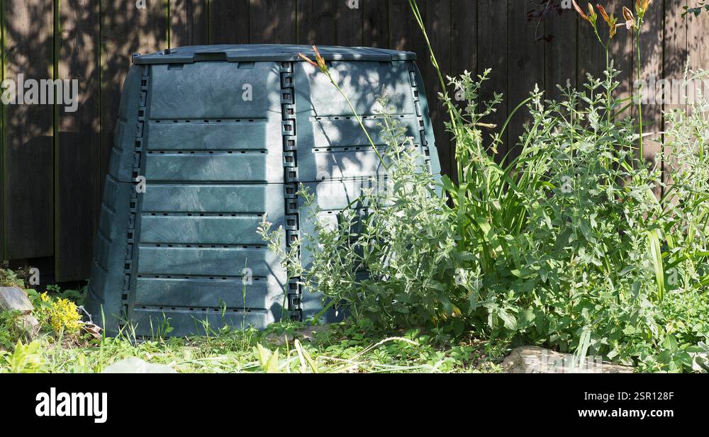 Compost bin in a garden. Plastic compost container. Green composting ...