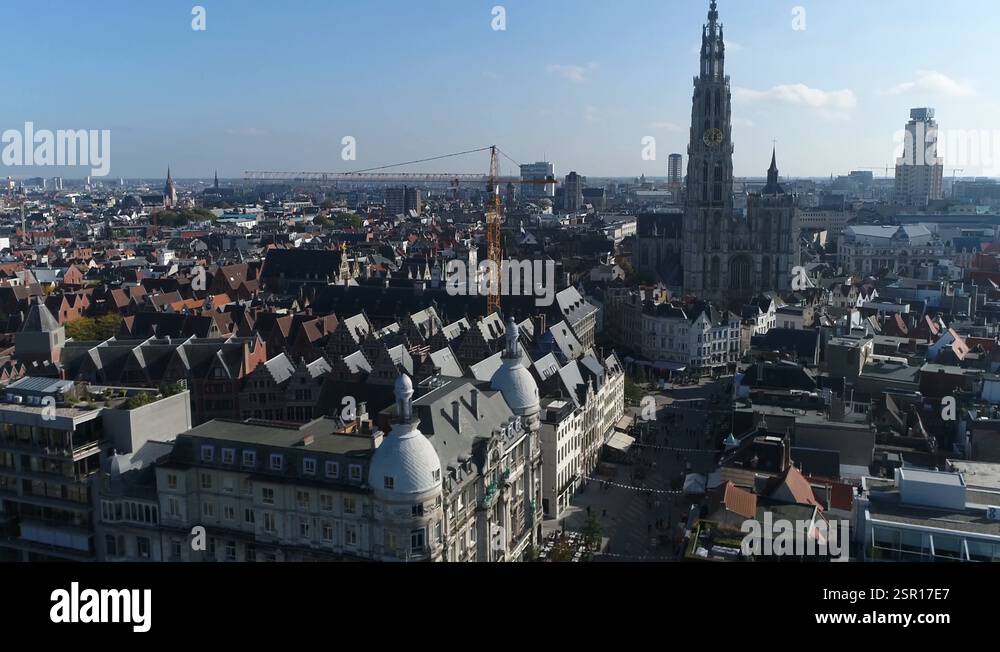 Aerial bird view footage Antwerp city center moving towards Cathedral ...