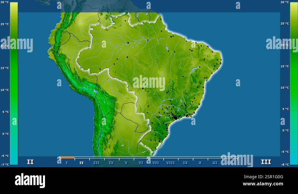 Brazil - average temperature, borders and cities Stock Video Footage ...