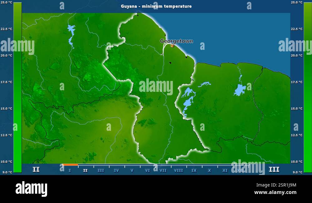 Guyana - minimum temperature, English labels Stock Video Footage - Alamy