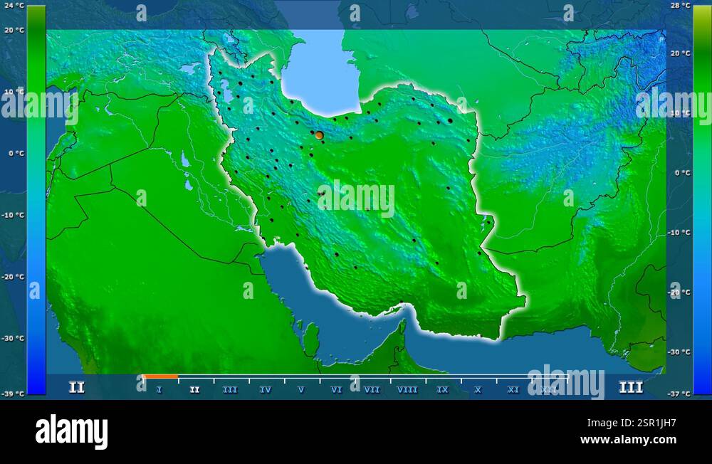 Iran - average temperature, borders and cities Stock Video Footage - Alamy