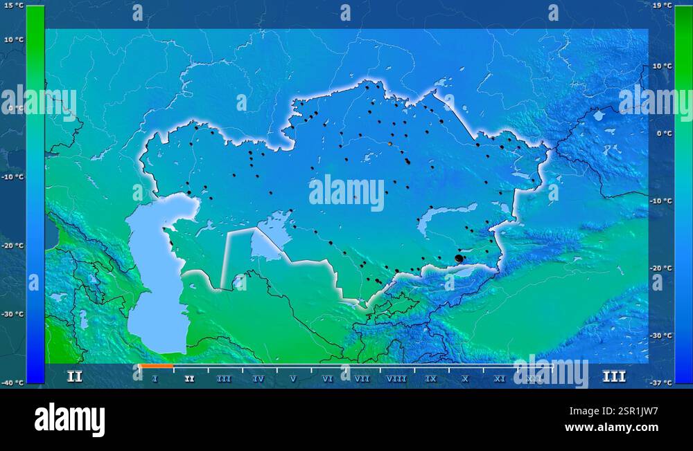 Kazakhstan - average temperature, borders and cities Stock Video ...
