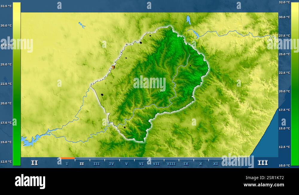 Lesotho - maximum temperature, borders and cities Stock Video Footage ...