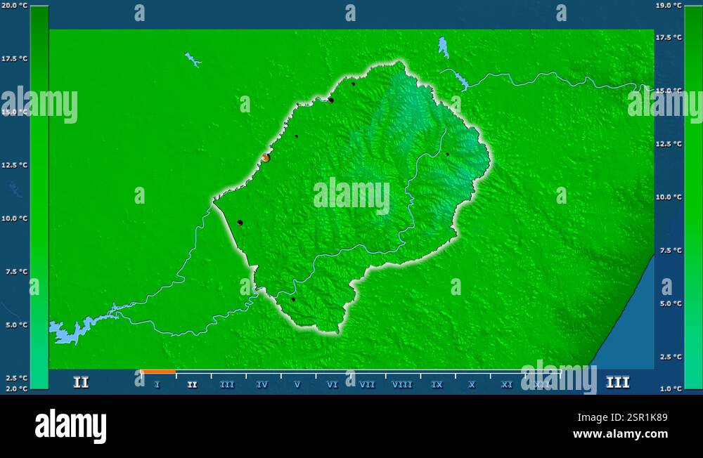 Lesotho - minimum temperature, borders and cities Stock Video Footage ...
