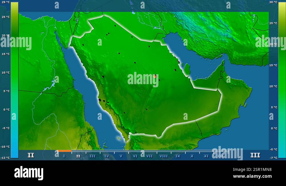 Saudi Arabia - average temperature, borders and cities Stock Video ...