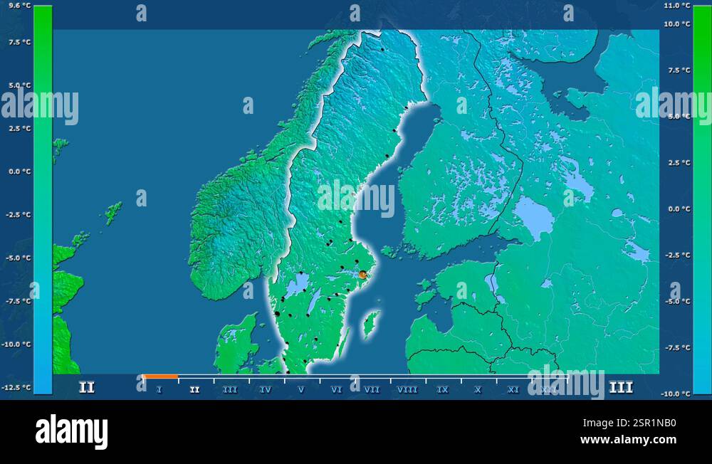 Sweden - maximum temperature, borders and cities Stock Video Footage ...