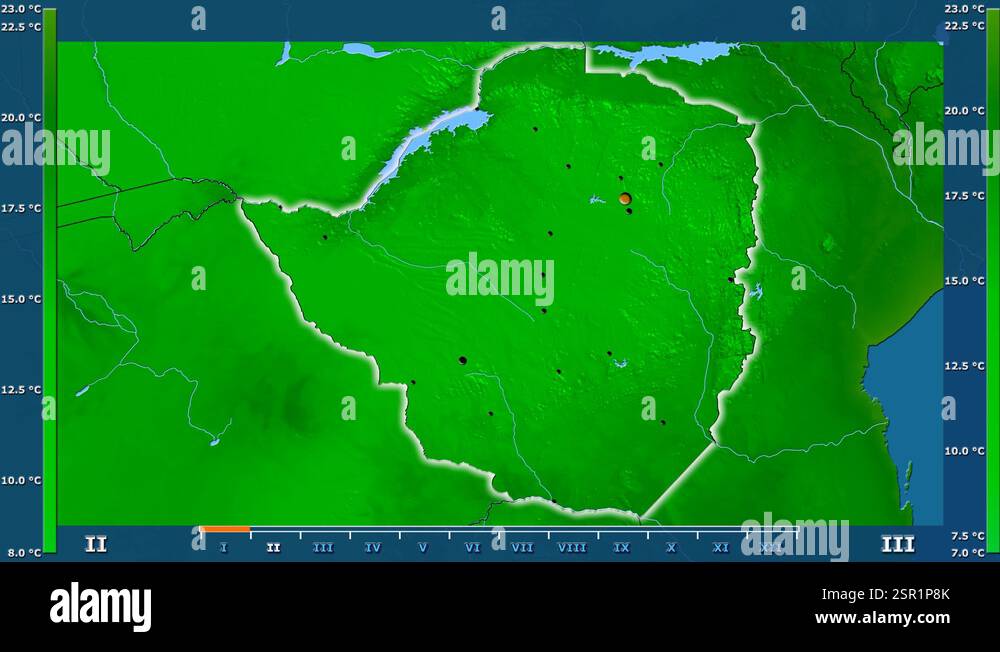 Zimbabwe - minimum temperature, borders and cities Stock Video Footage ...