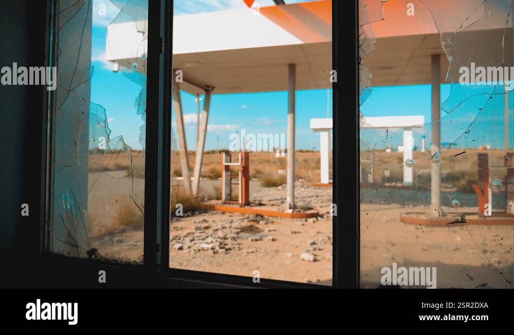 Route 66. crisis road 66 fueling broken window slow motion video. Old ...