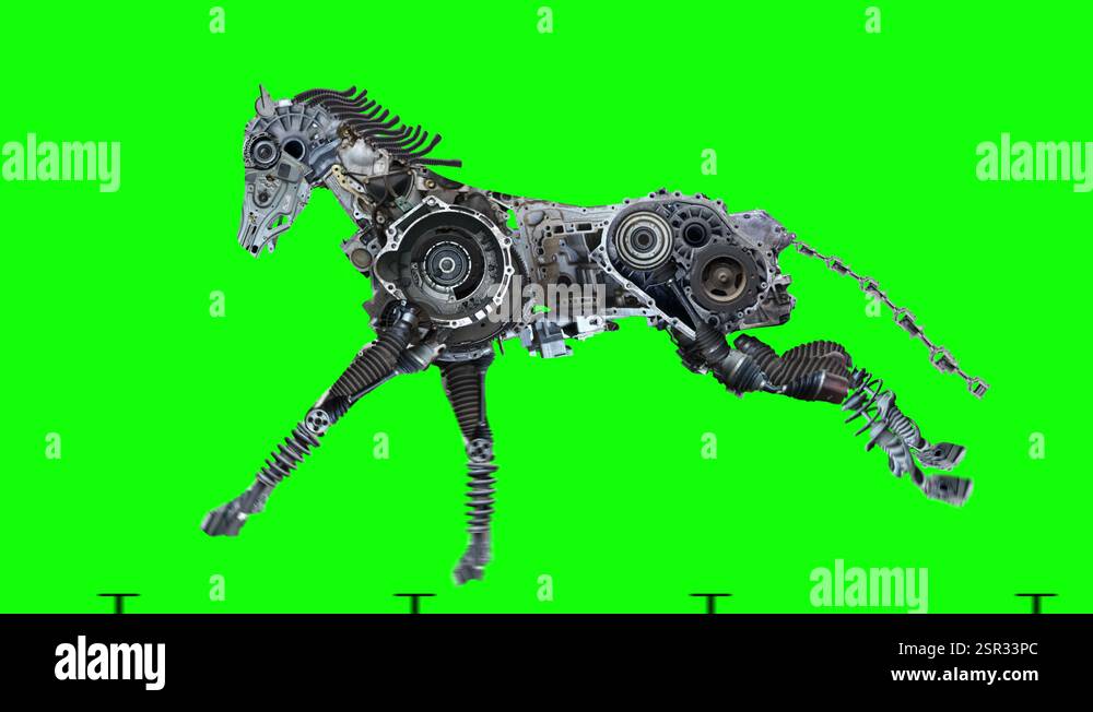 Horse Cyborg running. Robot represents the horsepower of the car. Green ...