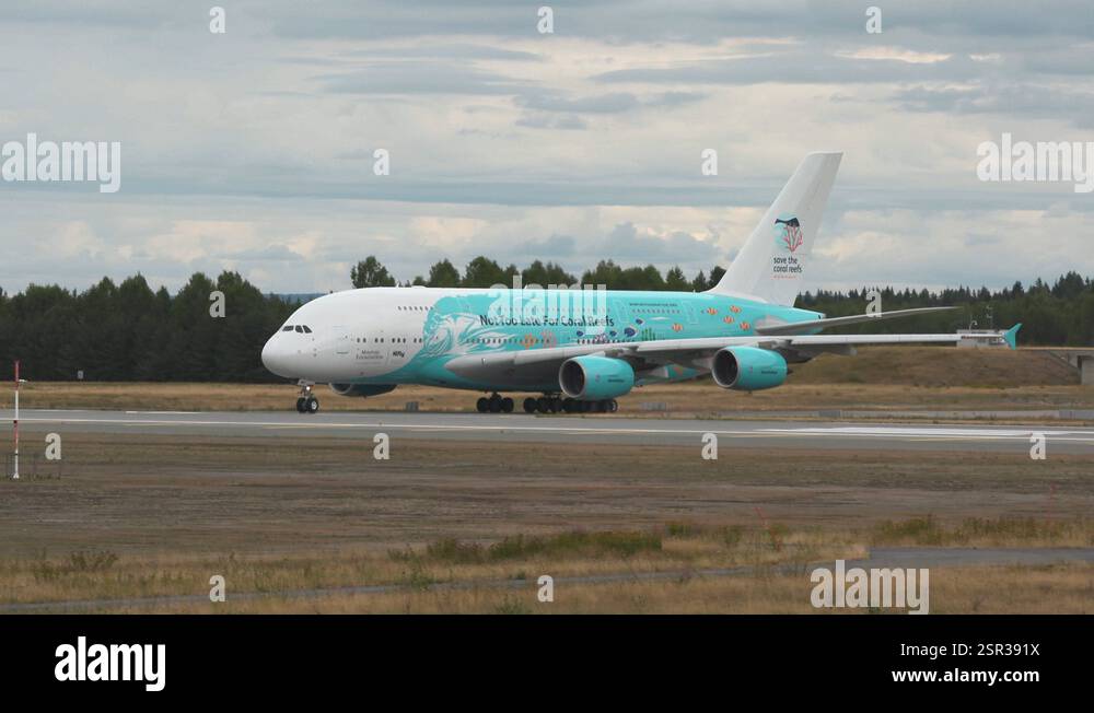 airbus 380 hi fly save the coral reefs logo on ground turning line up runway Stock Video Footage ...